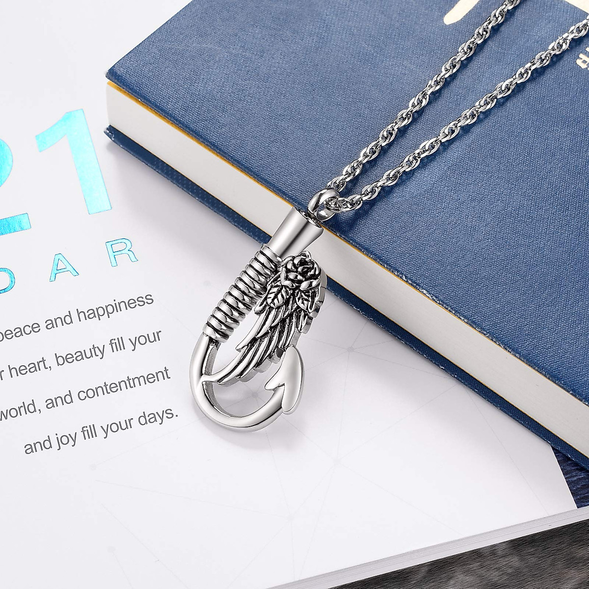 abooxiu Fishing Hook Urn Necklace for Ashes Angel wing Fish Hook Stainless Steel Cremation Jewelry Memorial Pendant Keepsake Ashes Holder