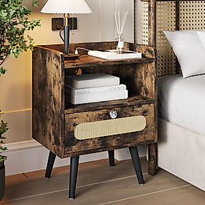 AGDULL Diamond Handle Nightstands Set of 2 with Charging Station, Bedside Table with Solid Wood Legs, End Table with Rattan Drawer, Rustic Brown