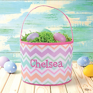 Personalized Chevron Bucket Bag with Custom Name | Orange and Pink Stripped Easter Bag with Handle | Soft Egg Basket for Kids | Customized Easter Basket | Great for Easter Egg Games