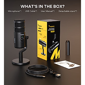 MAONO USB Dynamic Microphone, Podcast Recording Microphone with Gain Knob, Plug & Play, Metal Structure, Voice-Isolating Technology, Cardioid Studio PC Mic for Streaming, Vocal, Home Studio-PD100U