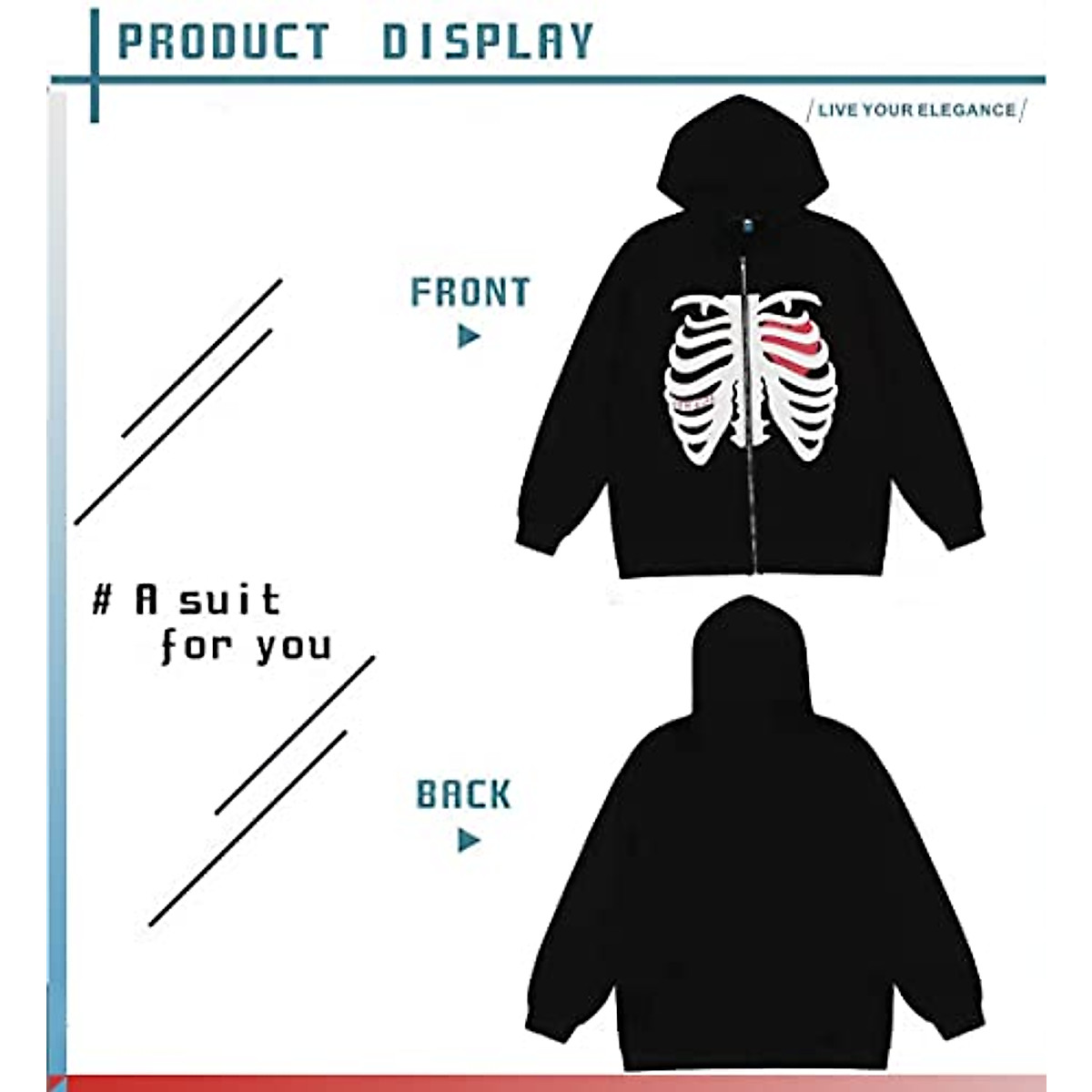 NUFR Unisex Skeleton Zip Up Hoodie Fashion Vintage Jacket Graphics E-Girl 90s Sweatshirt for Men and Women for Teen Girls Boys Black