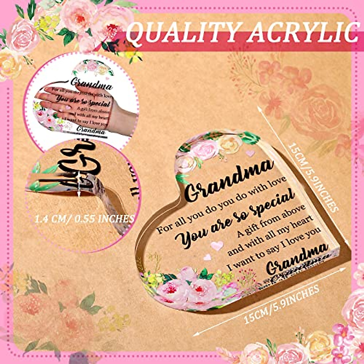 Acrylic Grandma Birthday Gift Floral Themed Heart Shape Birthday Christmas Gifts for Grandma Inspirational Thoughtful Grandma Gifts from Granddaughter Grandson for Home Decorations