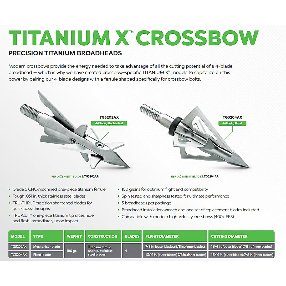 TRUGLO Apex Archery Titanium X 100-Grain Crossbow Broadheads - 3-Pack, 4-Blade Fixed