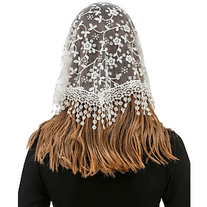 PAMOR Triangle Lace Veil Mantilla Cathedral Head Covering Chapel Veil for Mass Wedding Bridesmaids (White)