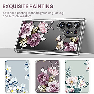 DagoRoo for Samsung Galaxy S23 Ultra Case with Tempered Glass Screen Protector, Girls Women Crystal Clear Flower Pattern Cases, Slim Fit Soft TPU + PC Shockproof Cover for Galaxy S23 Ultra (Purple)