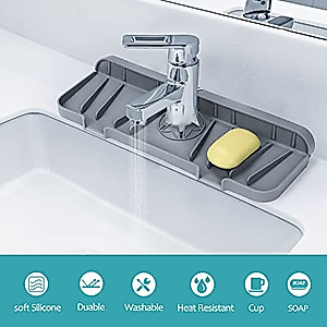 ABQ Kitchen Sink Splash Guard, 2 Pack Silicone Faucet Handle Drip Catcher Tray, 14.57" x 5.31" Drying Mat for Kitchen Countertop & Bathroom Sink Protectors (Grey)