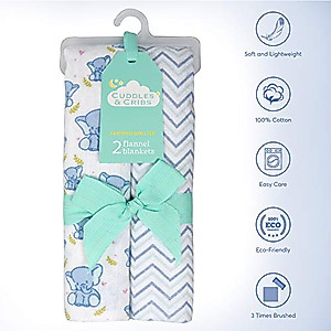 Cuddles & Cribs Baby Receiving Blankets – 100% Cotton Flannel Receiving Blankets - Elephant & Stripes - Pack of 2-30 x 30 Inch