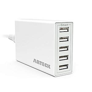 Arteck 40W 5-Port 8A High Speed Multiple USB Charger with Smart Technology for iPhone 14, 14 Pro, 14 Pro Max, iPhone 13, iPhone 12, iPhone 11, iPhone Mini, iPad, Samsung and Other Smartphone, Tablet