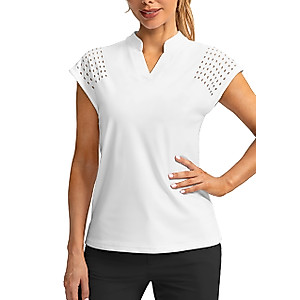 Soothfeel Women's Golf Shirt Cap Sleeve V Neck Polo Shirts Lightweight Quick Dry Workout Tennis Shirts Tops for Women(White, L)