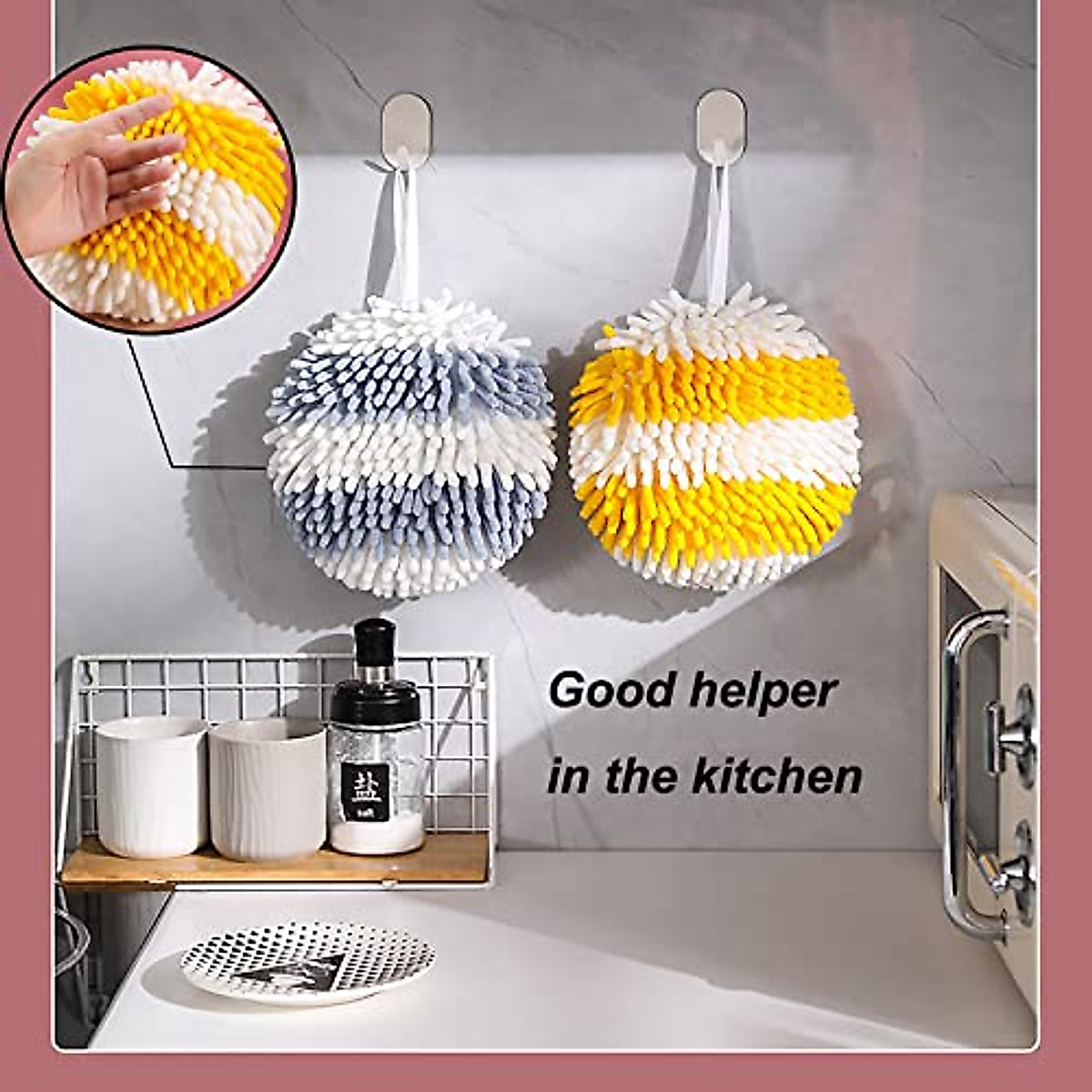 Chenille Quick Dry Hand Towel, 3 Pack Absorbent Bath Hand Puff Towel Balls Hand Fuzzy Towels Kitchen Hanging Bathroom Towels with Loops for Bathroom, Your Kids Hands Fast Drying,Blue ,Pink and Yellow