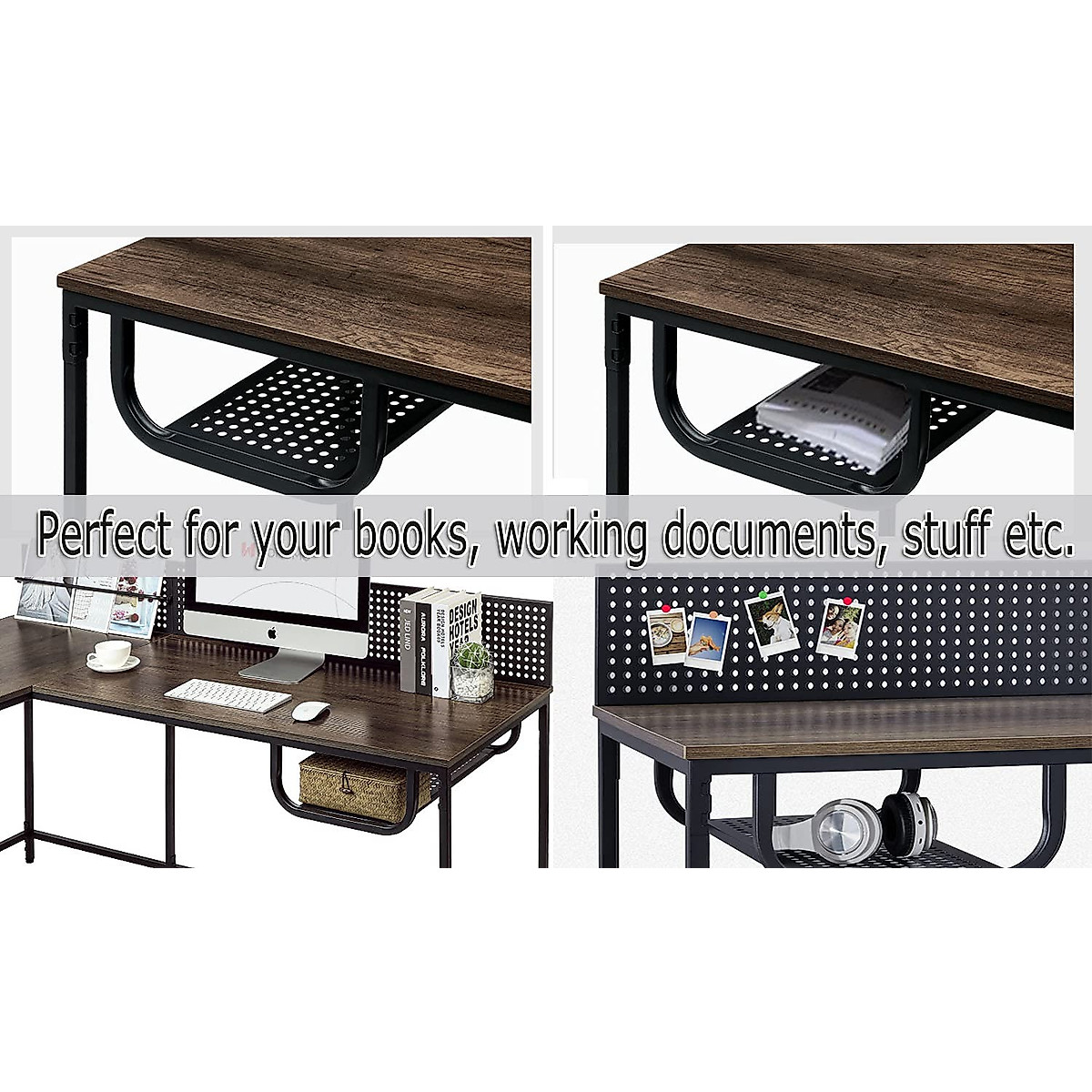 WOHOMO L Shaped Desk 65 Inch No Screw Quick Lock Computer Desk with Storage Basket Gaming Corner Writing Workstation Table with Shelf for Home Office Easy to Assemble, Walnut