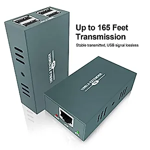 USB Extender Over Ethernet RJ45 LAN Extension, with 4 USB 2.0 Ports, Transmit 50m/165ft Over Ethernet Cat5/5e/6/7, Support Power Over Cable, Play and Plug, No Driver Required