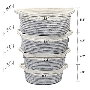 Lovelyduo Woven Storage Baskets 4-Piece, Natural Cotton Rope Basket for Baby Nursery Basket, Cat Dog Toys Basket, Bathroom Organizing Baskets, Empty Decorative Gift Basket Oval White Grey