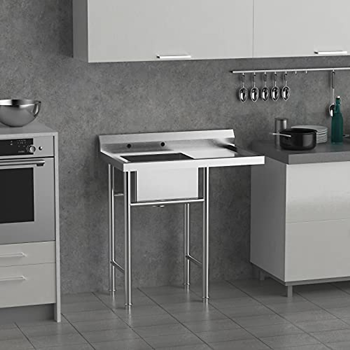 Bonnlo 304 Stainless Steel Utility Sink with Drainboard, One Compartment Workbench Sink Commercial Sink for Restaurant, Laundry Room, Backyard, Garages - Overall Size: 35.8" W x 21.3" D x 40.2" H