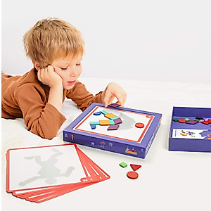 Coogam Wooden Magnetic Shape Puzzle Pattern Blocks Set, Tangram Geometric Manipulative Brain Teasers Toy Montessori Magnet Board Puzzle STEM Gift for Kids with 80 Challenges