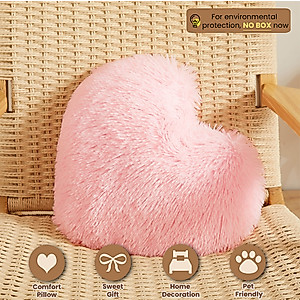 MEGO Fluffy Heart Pillow, Faux Fur Decorative Throw Pillow, Plush Shaggy Heart Shaped Pillow w Insert&Cover, Cute Furry Throw Pillows for Couch Bed Sofa Kid Girls Women Valentine's Day Gift Pink