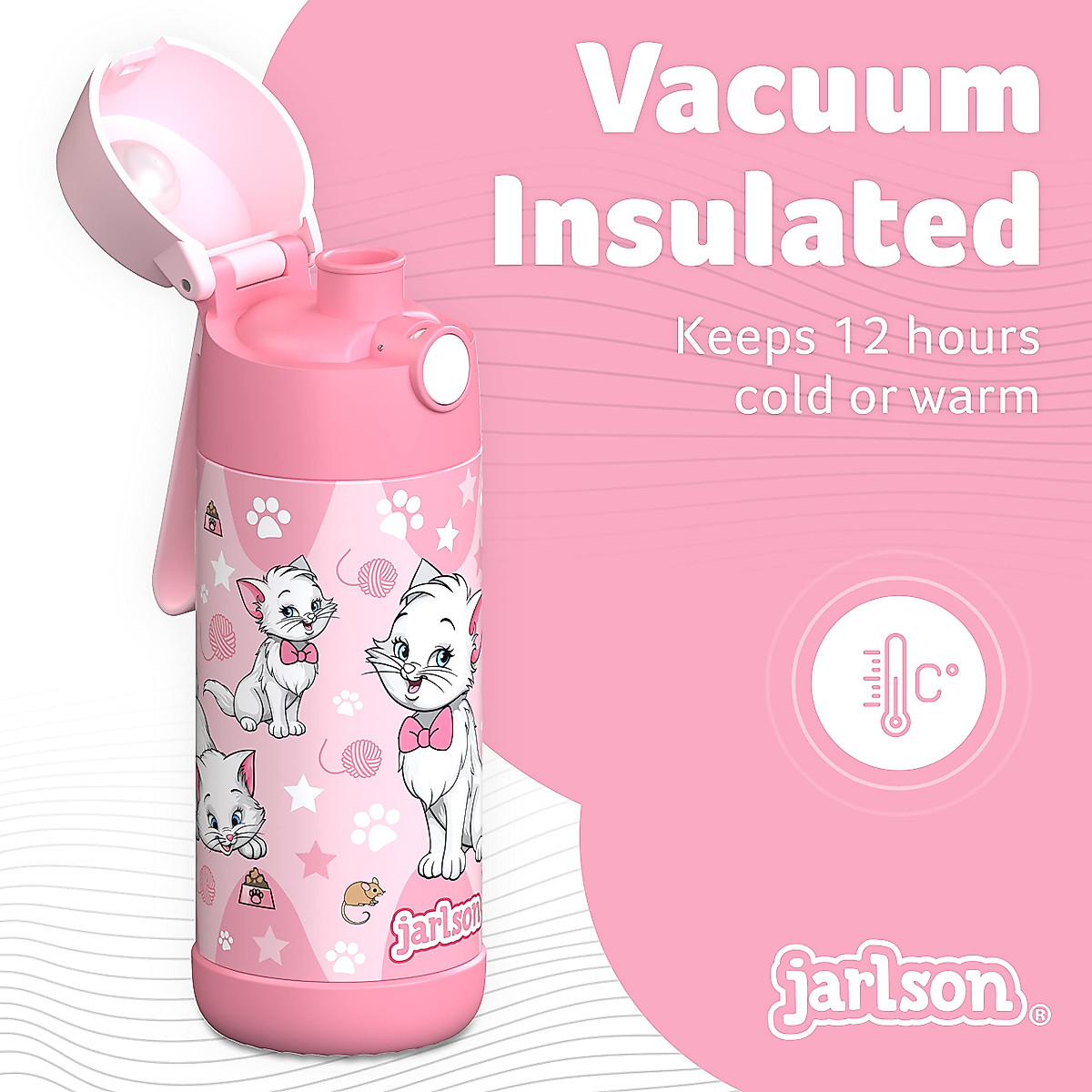 JARLSON® kids water bottle - MALI - insulated stainless steel water bottle with chug lid - thermos - girls/boys (Cat 'Star', 12 oz)