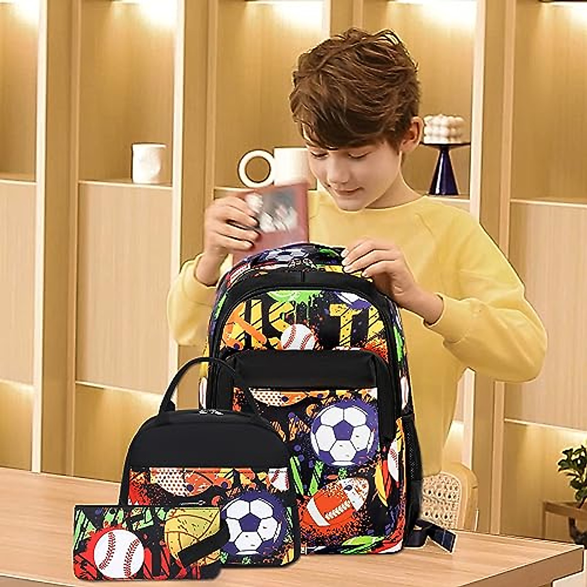 LEDAOU Backpack for Teen Girls School Bags Kids Bookbags Set School Backpack with Lunch Box and Pencil Case (Rugby Soccer)