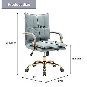DRKAT Leather Home Office Desk Chairs Comfy Office Chair, Mid-Back Adjustable Swivel Computer Chair with Golden Legs and Arms, Modern Upholstered Task Chair with Wheels, Sage
