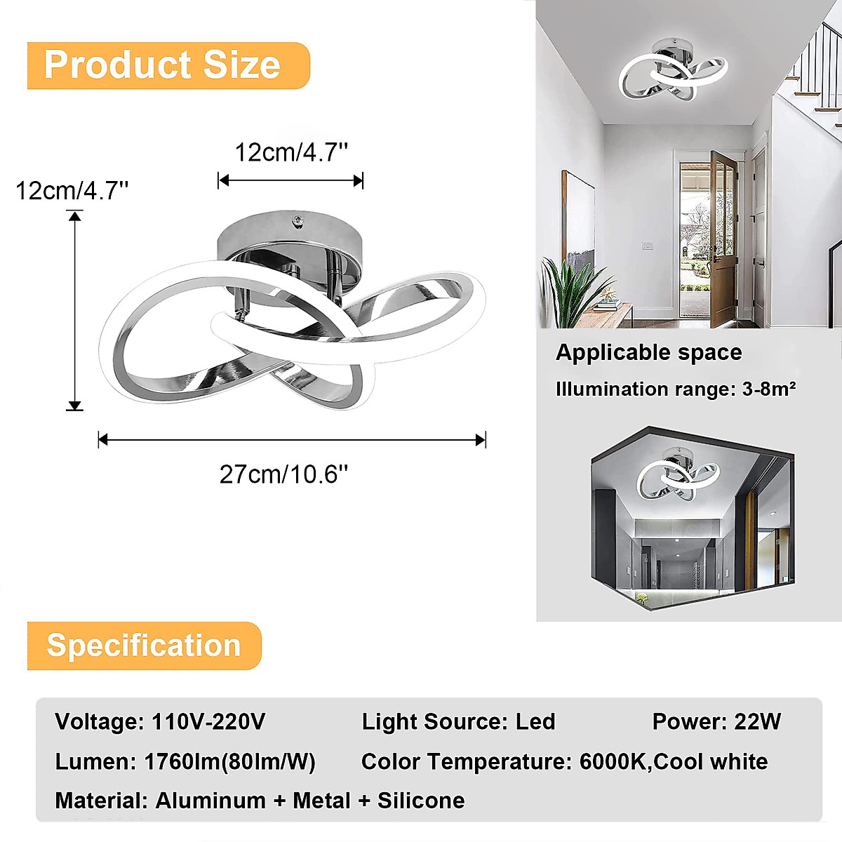 Hallway Light Acrylic Modern LED Ceiling Light Fixtures Cool white 6000K Close to Ceiling Lights for Bedroom Bathroom Kitchen Balcony Corridor Stair Aisle Lamp Curved Creative Design Ceiling lamp