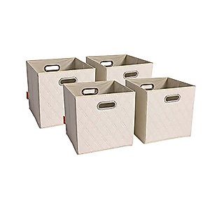 JIAessentials Small 11-inch Beige Foldable Diamond Patterned Faux Leather Storage Cube Bins Set of Four with Handles with Dual Handles for living room, bedroom and office storage