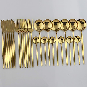 JANKNG 24-Piece Flatware Set, 18/0 Stainless Steel Knife Fork Spoon Teaspoon Silverware Set, Service for 6, MIrror Gold