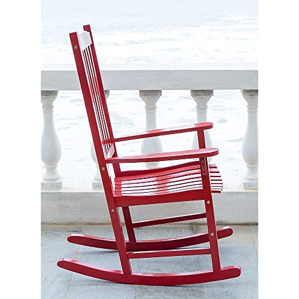 Merry Products Traditional Acacia Hardwood Rocking Chair with Tall Backrest, Curved Seat, and Wide Armrests for Outdoor or Indoor Use, Red
