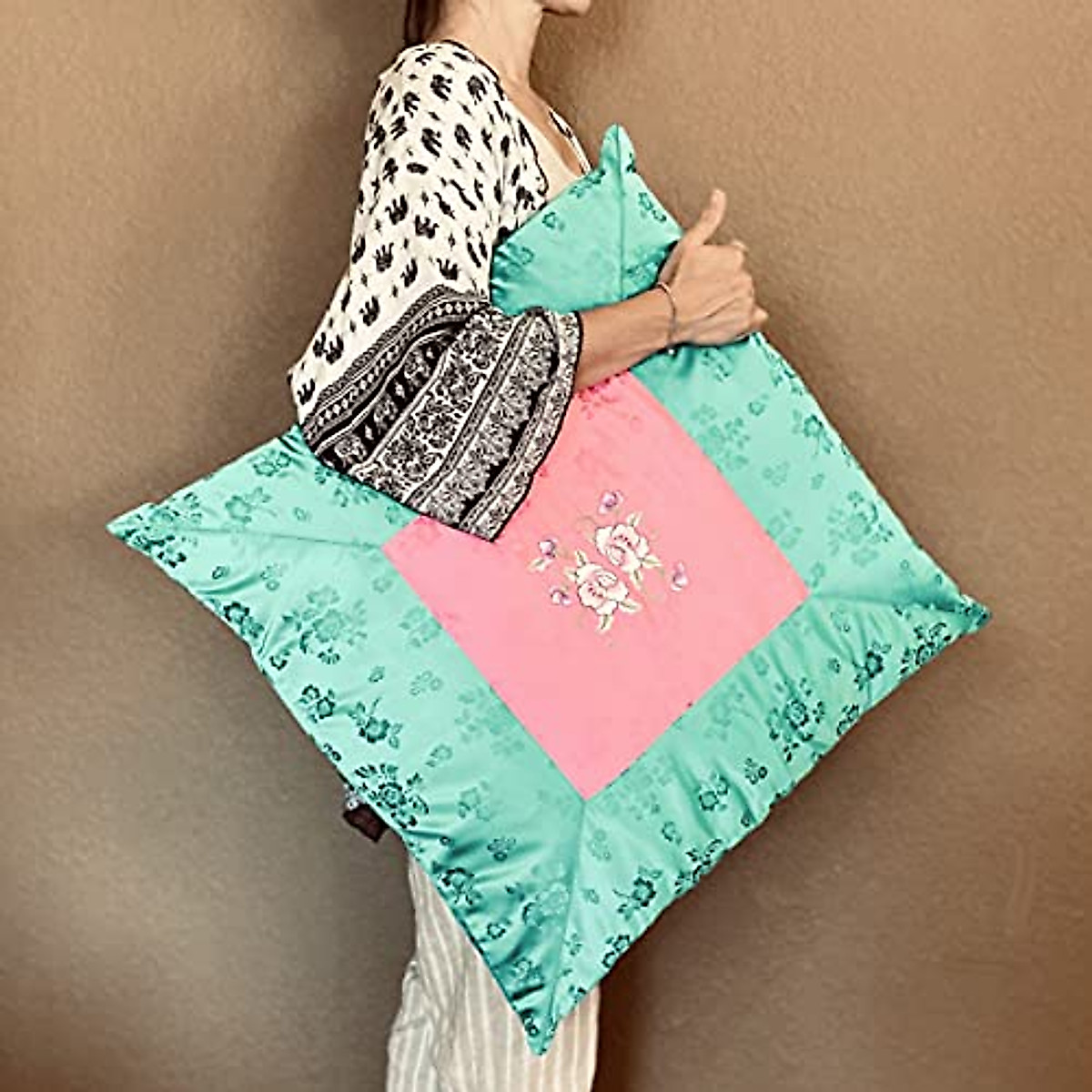 RESPEKT SAN FRANCISCO Korean Queen Meditation Cushion with Embroidery Design for Women and Men, Yoga, Sitting on Floor: 24” (Green: Throw Pillow)