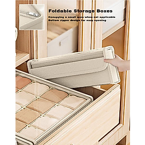 AARAINBOW 4 Packs Underwear Socks Storage Organizer with Lid, Foldable Closet Drawer Organizer with Dividers Wardrobe Storage Boxes Fabric Dresser Bin for Bra Scarf Neck Tie Container (50 Cells Beige)