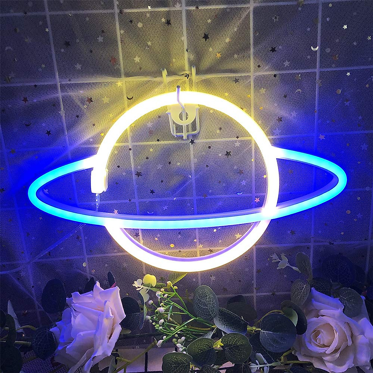iceagle Neon Signs-Planet Neon Sign|Led Neon Light neon Wall Signs|Battery & USB Powered Light Up Wall Decor|Neon Sign for Bedroom Party Wedding Kids Girls Boy Room,Warmwhite&Blue