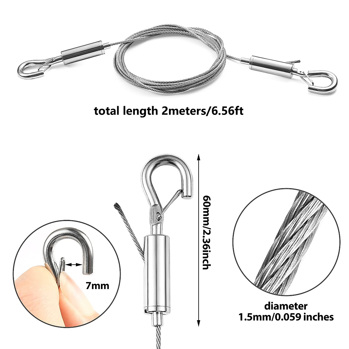 SIDENUO 2Pcs Adjustable Picture Hanging Wire Kit,Heavy Duty Stainless Steel Wire Rope 2m x 1.5mm for Hanging Mirrors,Frame,Lamps,Billboards,Basket Flowerpot - Holds Up to 66lbs(30kg)