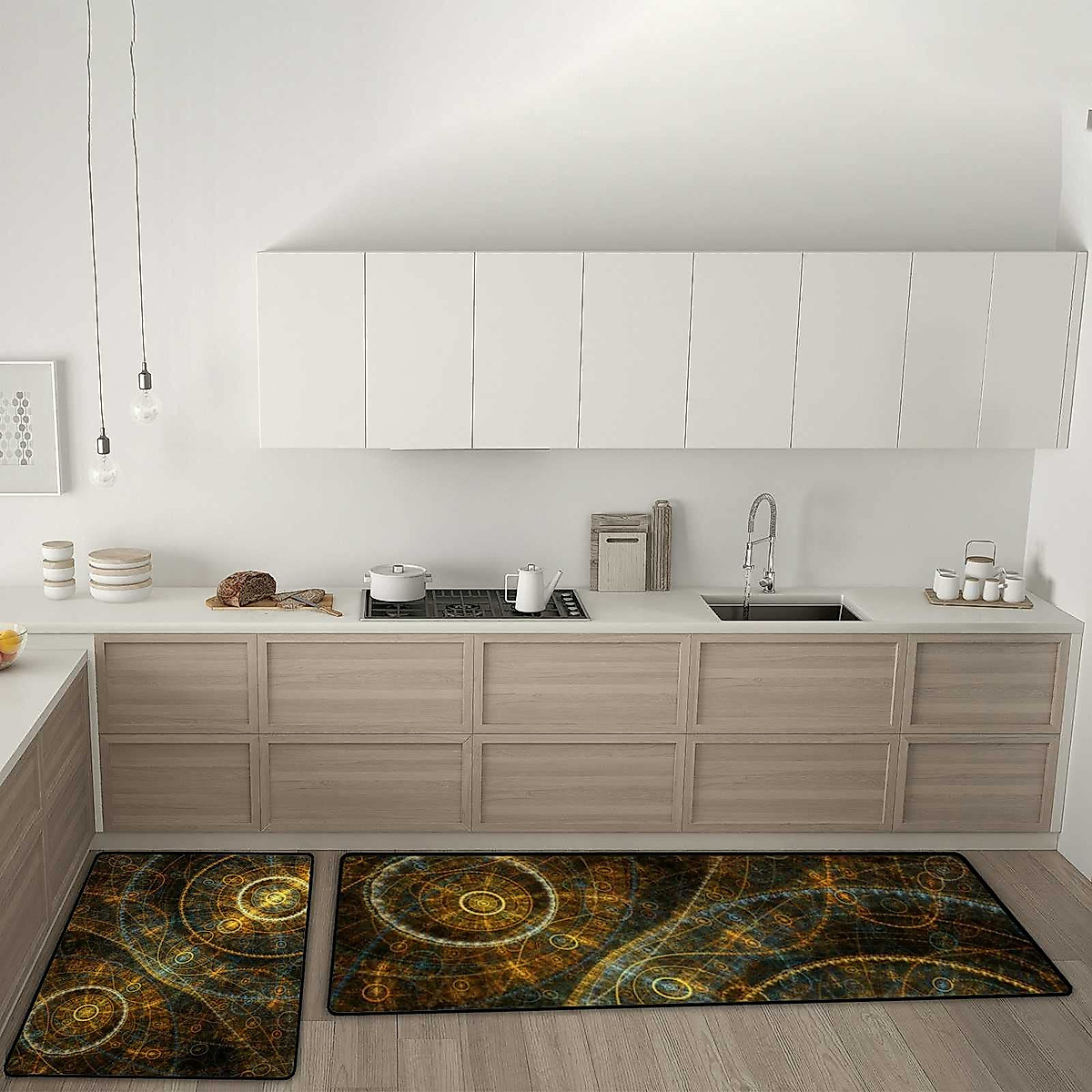 Kitchen Rugs and Mats Set of 2 Pieces Anti Fatigue Standing Mat Golden Mechanical Compass Steampunk Non Slip Washable Comfort Flooring Carpet Runner for Kitchen Home