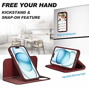 SHIELDON Wallet Case for iPhone 15 Plus 5G, Genuine Leather Detachable Book Flip RFID Blocking Card Slot Magnetic Shock Absorbing Wireless Charging Case Compatible with iPhone 15 Plus - Wine Red