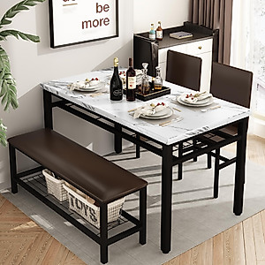 AWQM Dining Table Set for 4 with Bench and Chairs,Faux Mable Small Kitchen Table and Chairs for 4 w/Storage Rack, Dining Room Table Set for Small Spaces, Apartment,White+Brown