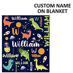 Personalized Dinosaur Throw Blanket for Boys Custom Name Soft Flannel Blanket for Kids Dino Outspace Plush Navy Blue Blanket Gift Birthday Christmas Baby Toddlers Nursery Room Decor, 40 x 50inch