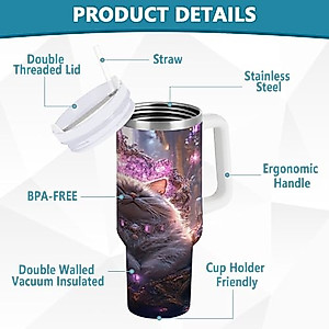 Slewiaeky Tumbler with Handle 40 oz Kitty Skinny Cat Travel Mug with Lid and Straw Purple Stainless Steel Vacuum Insulated Water Bottle Cup for Iced Tea Coffee Cold Beverages Cup Holder Friendly