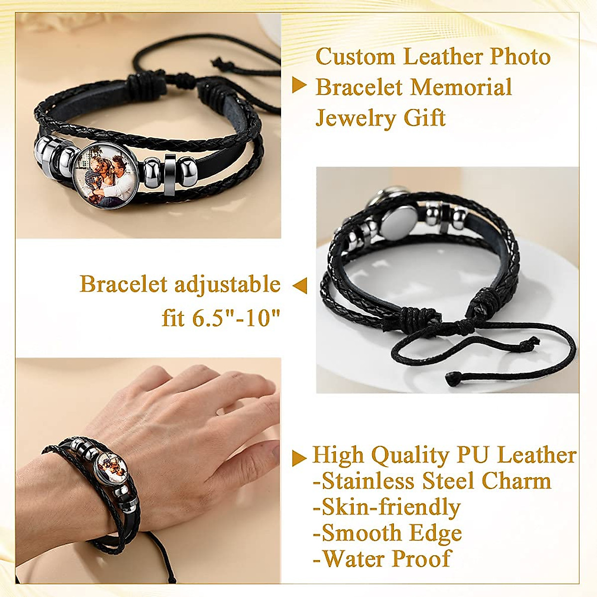 Custom4U Personalized Photo Bracelets PU Braided Leather Charm Photo Bracelets Women Men Christmas Gifts