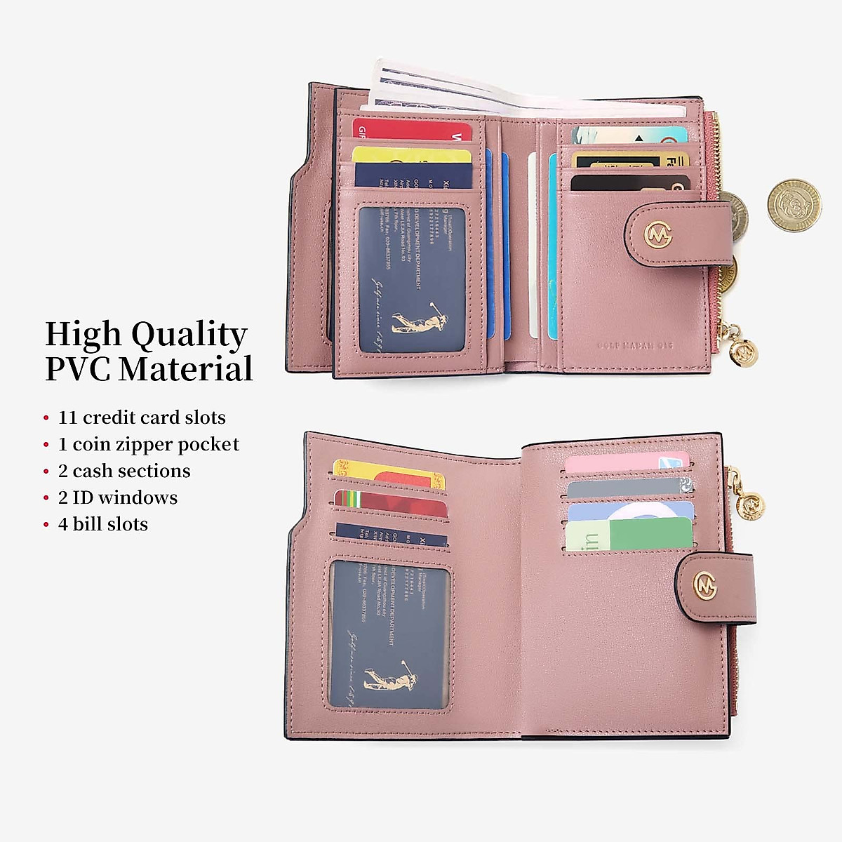 GOLF SUPAGS Wallets for Women PVC Leather Small Bifold Zipper Pocket Coin Purse Large Capacity Multi Card Organizer
