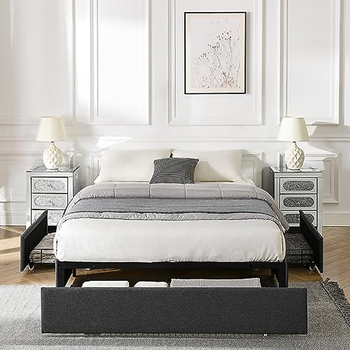 Queen Bed Frame with 3 Storage Drawers, Fabric Upholstered Platform Bed Frame Queen Size Queen No Fixed Headboard,Strong Matel Frame and Wooden Slats Support No Nosie No Box Spring Needed (Queen)