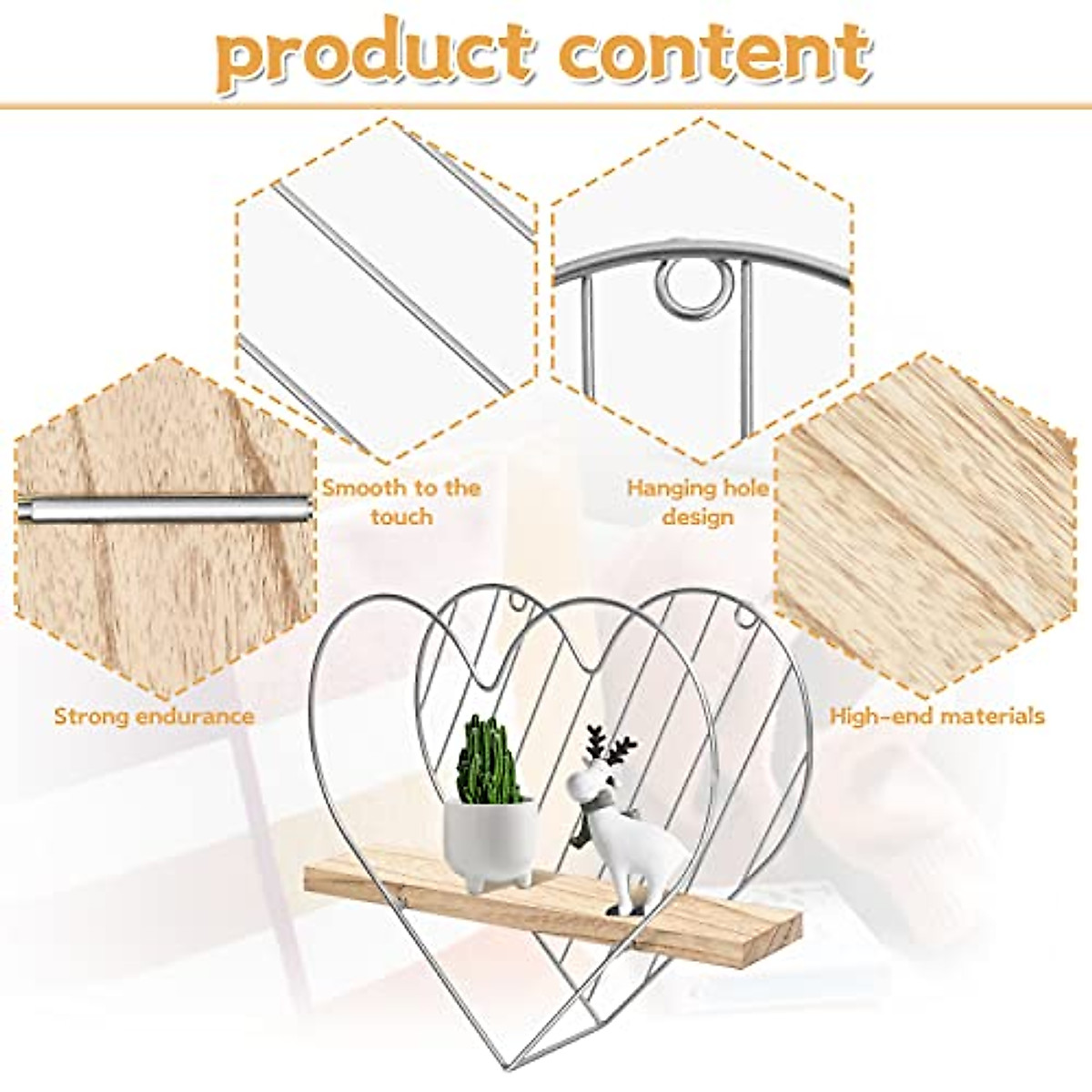 EsLuker.ly Grey Floating Shelf Cute Romantic Heart Floating Shelves Wall Mounted Rustic Metal Wooden Shelves for Nursery Room Bathroom Bedroom Office Decor