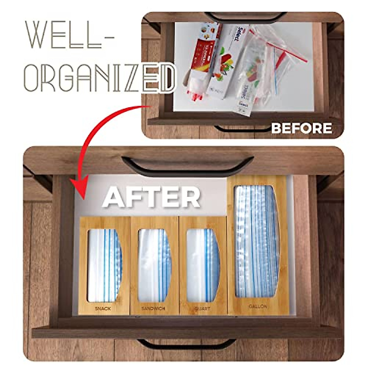 IOCREATIVE Ziplock Bag Storage Organizer - Food Baggie Holder for Kitchen Drawer - Sandwich, Snack, Quart & Gallon variety size bags - Compatible with Ziploc, Solimo, Glad, Hefty - Bamboo