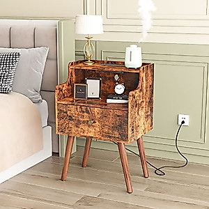 NONGSHIM Nightstand, Side Table with Charging Station, Mid-Century Modern Night Stands, Bedside Table with Storage Drawer and Solid Wood Legs, Accent End Table for Living Room, Bedroom, Rustic Brown