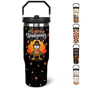 aquoechd 30 oz Fall Tumbler with Lid and Straw, Autumn Leaf and Turkey Flip Straw Tumbler Insulated Coffee Travel Mugs Cup Water Bottle Fall Thanksgiving Gifts for Women Girls