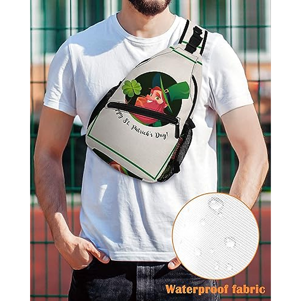 Sling Backpack, St.Patrick's Day Shamrocks Gnome Black Green Border Linen Waterproof Lightweight Small Sling Bag, Travel Chest Bag Crossbody Shoulder Bag Hiking Daypack for Women Men