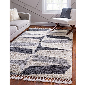 Unique Loom Hygge Shag Collection Modern Moroccan Inspired, Geometric Design, Plush & Cozy Area Rug, Rectangular 9' 0" x 12' 0", Gray/Ivory