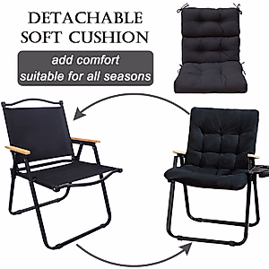 Folding Camping Chair with Detachable Cushion and Cup Holder, Lawn Chair with Arm Rest, Heavy Duty Portable Camping Chair for Adults, Outdoor Chair for Camping, Lawn, Patio, Beach and Fishing, Black