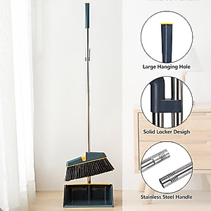 Theiyhyu Broom with Dustpan Combo Set Stand Up Broom and Dustpan with Dustpan Teeth Lightweight with Long Handle 180° Swivel Suitable for for Cleaning Floors Indoors Kitchen Office (Blue)