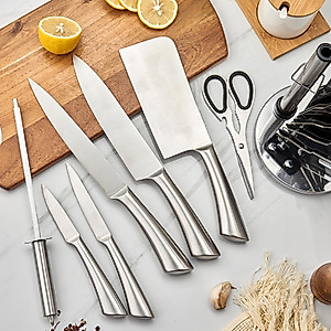 Chef Knife Set - 8 Pack Stainless Steel Knife Set Kitchen Knife Sets with Block, Sharp Kitchen Knives Comfortable to Grip Cooking Knife Set with Sharpener and 360° Rotating Block