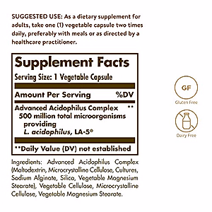Solgar Advanced Acidophilus, 100 Vegetable Capsules - Supports Healthy Intestinal Flora - 500 Million Microorganisms Per Serving - Gluten & Dairy Free - Vegetarian - 100 Servings