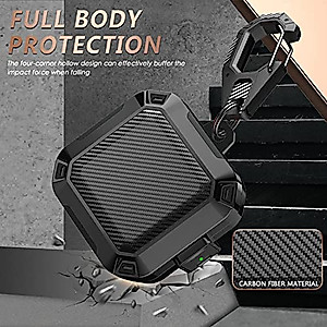 Secure Lock Case for Beats Fit Pro 2021, Carbon Fiber Texture Beats Fit Pro Earbuds Case Cover with Anti-Lost Keychain/Storage Box/Cleaning Brush/Wrist Strap. (Black)